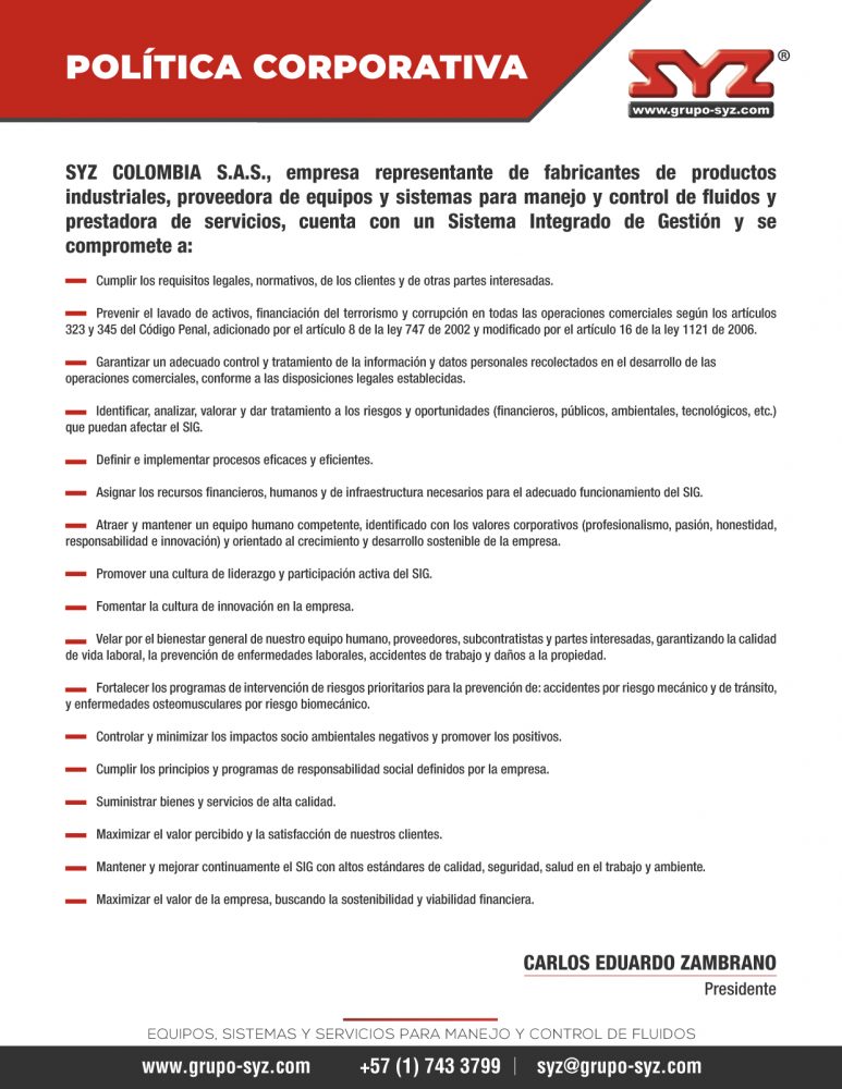 Política Corporativa - GRUPO SYZ Política Corporativa - GRUPO SYZ